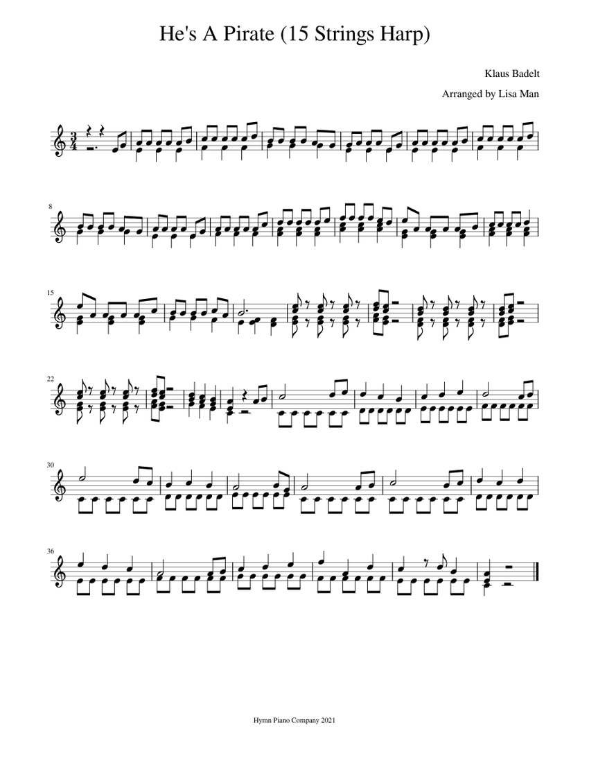 He's_A_Pirate_(15_Strings_Harp) Sheet music for Piano (Solo) Easy ...