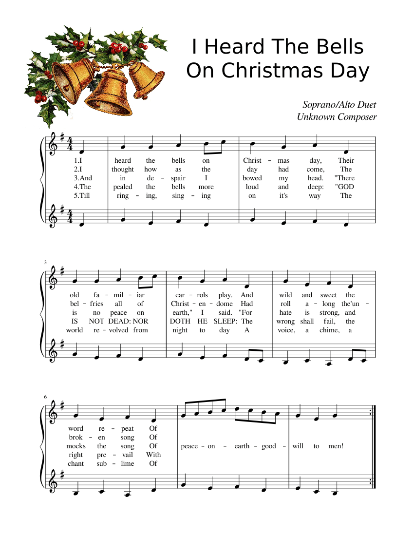 I Heard the Bells On Christmas Day - Soprano - Alto Duet Sheet Music ...