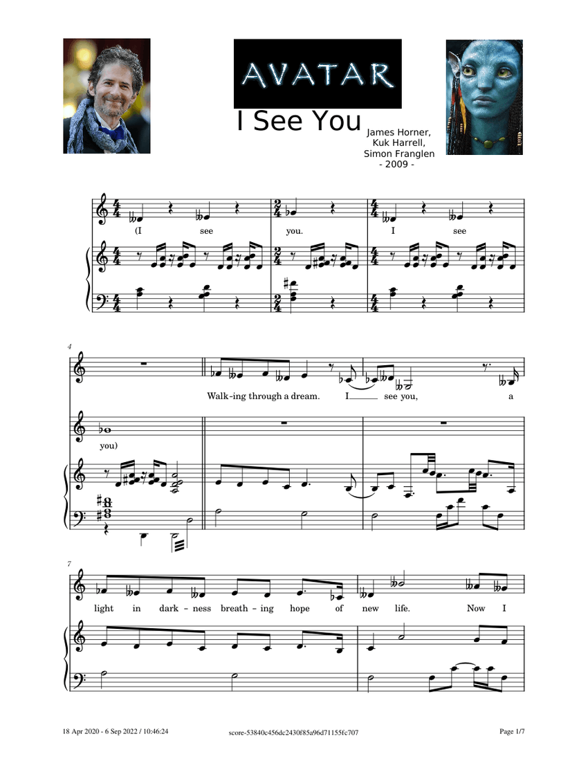 Avatar, I See You – James Horner Sheet music for Piano, Vocals ...