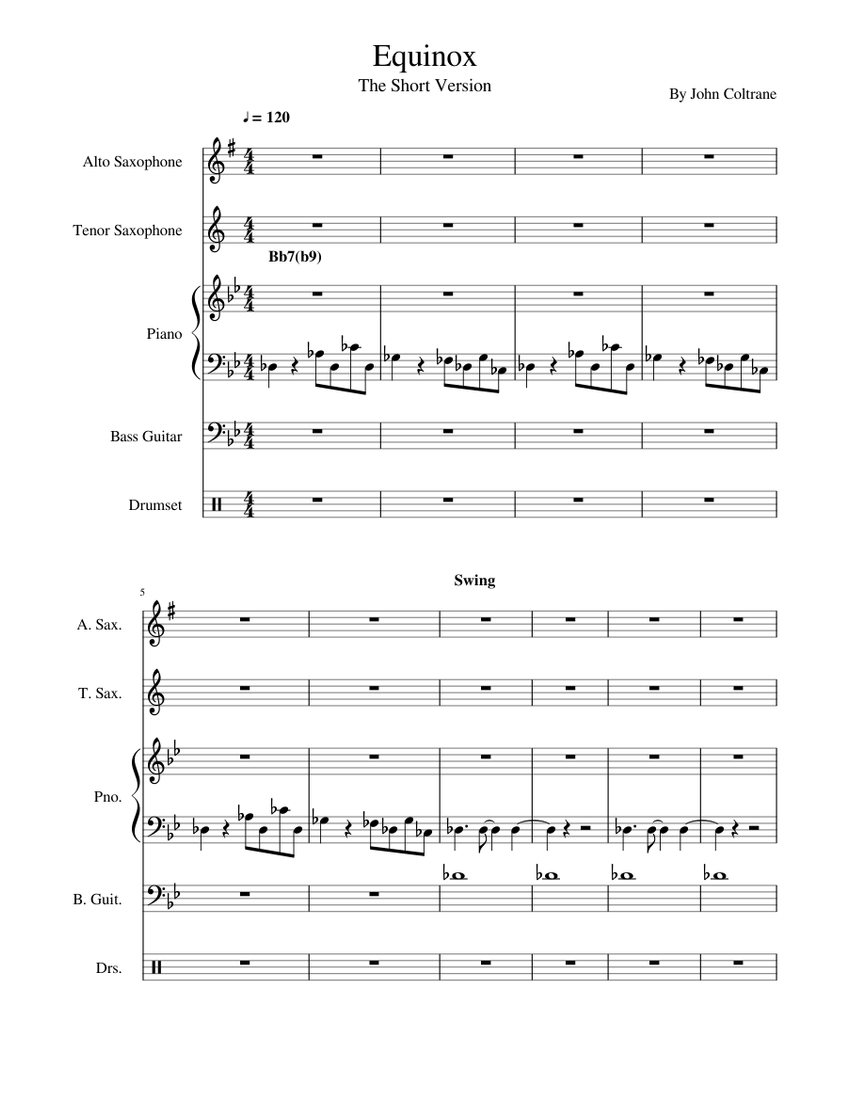 Equinox By John Coltrane Sheet Music for Piano, Saxophone alto, Saxophone tenor, Bass guitar ...