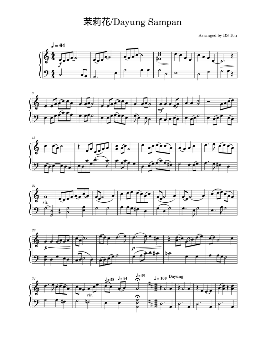 茉莉花 Dayung Sampan Sheet Music for Piano (Solo) easy | MuseScore.com