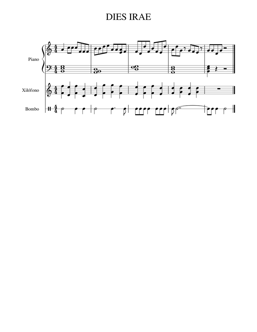 DIES IRAE Sheet music for Piano, Bass drum, Xylophone (Mixed Trio ...