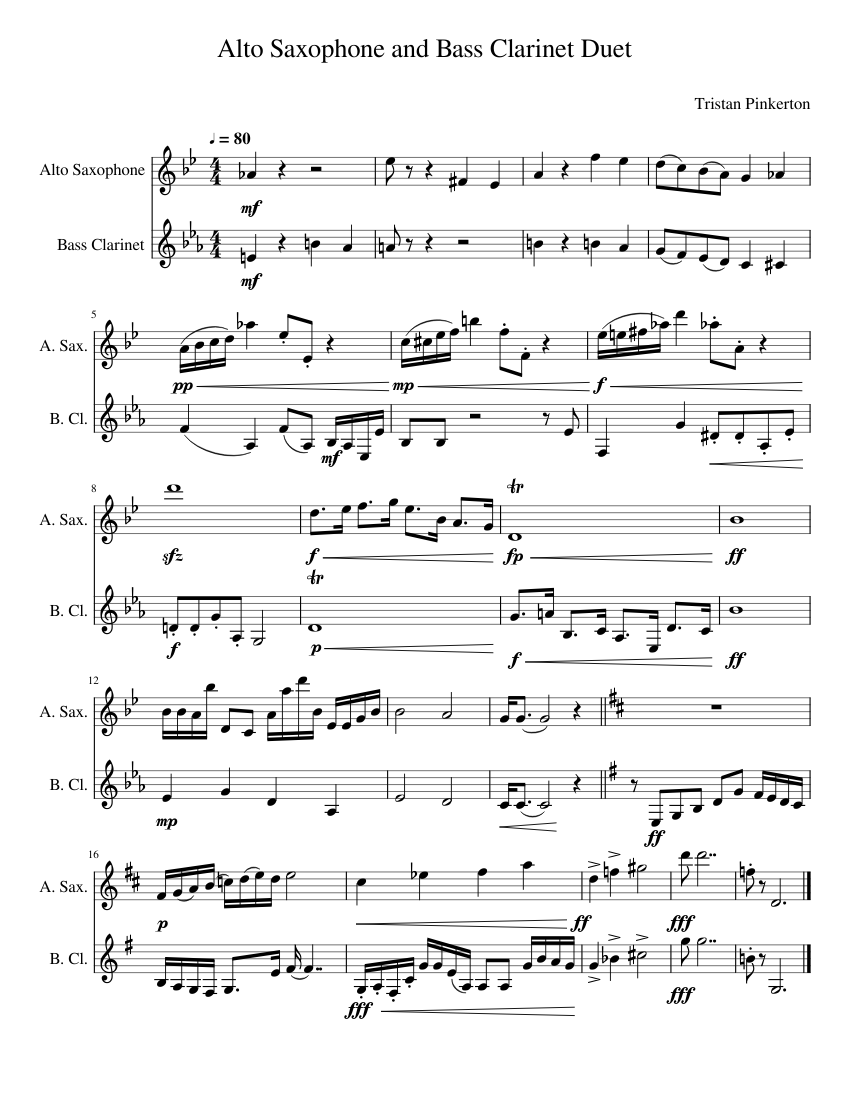 Alto Saxophone and Bass Clarinet Duet Sheet Music for Clarinet bass ...