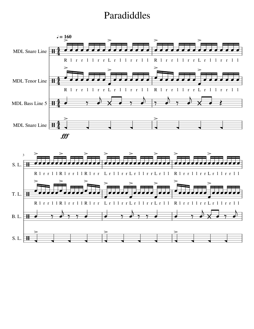Paradiddles Sheet music for Snare drum, Tenor drum, Bass drum (Percussion Quartet) | Musescore.com