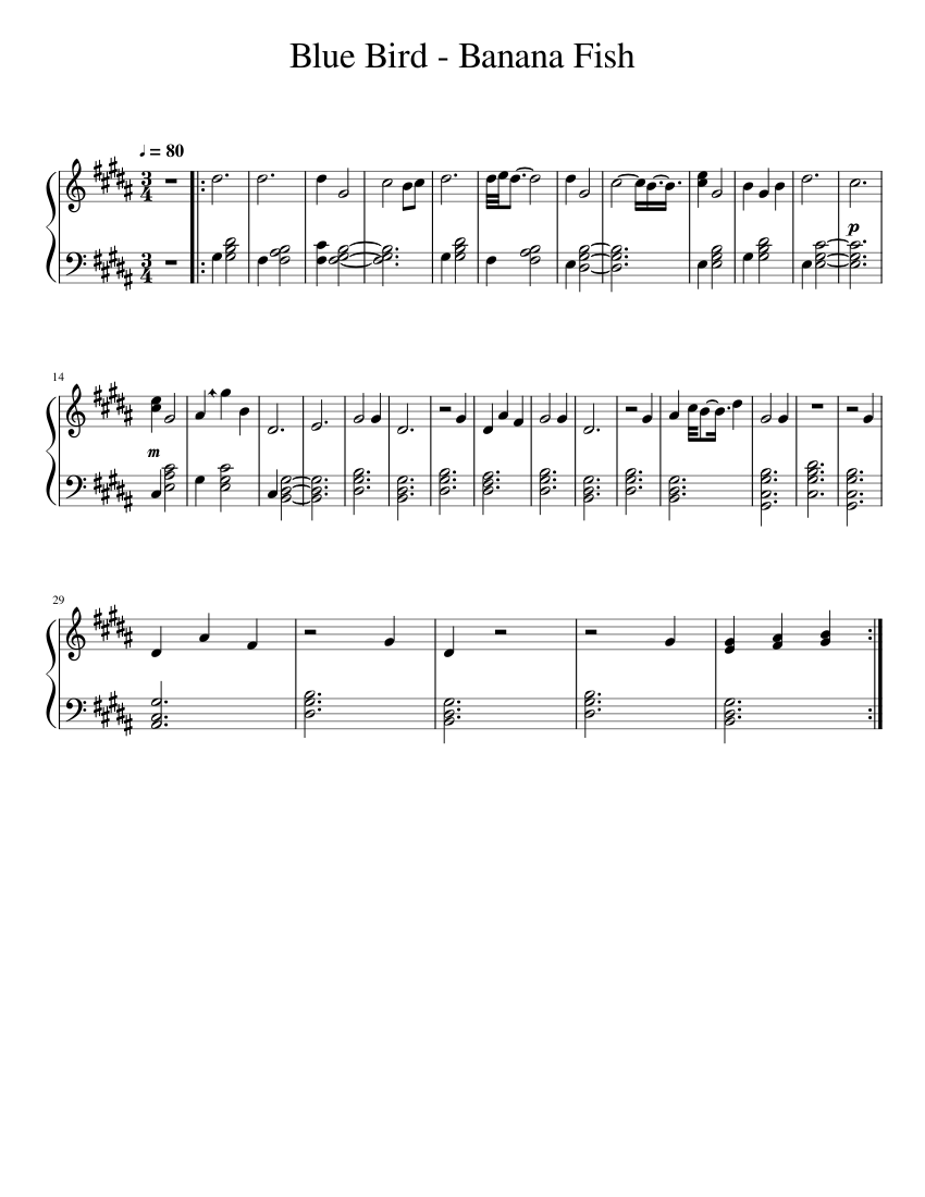 Blue Bird - Banana Fish Sheet Music for Piano (Solo) Easy | MuseScore.com