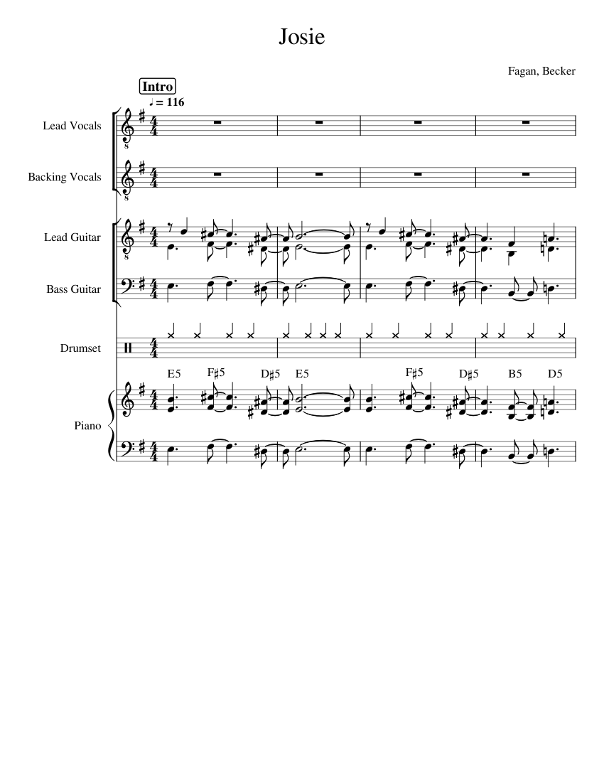 Josie Sheet Music with Chords for Piano, Vocals, Guitar, Bass guitar ...