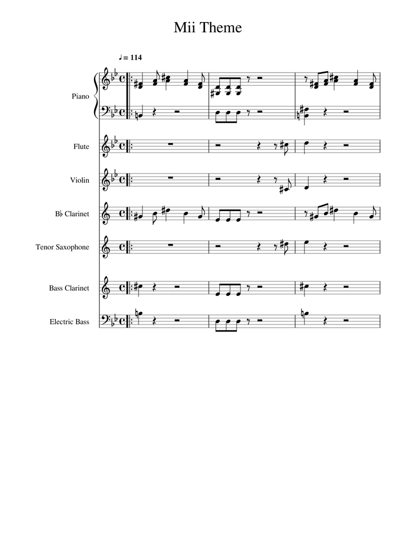 Mii Theme Sheet music for Piano, Flute, Clarinet in b-flat, Clarinet ...