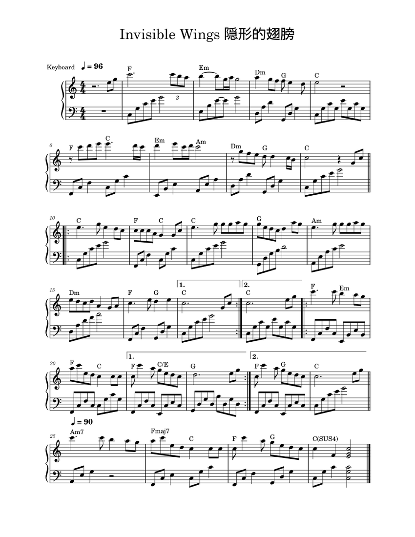 Invisible_Wings_隠形的翅膀 - piano tutorial