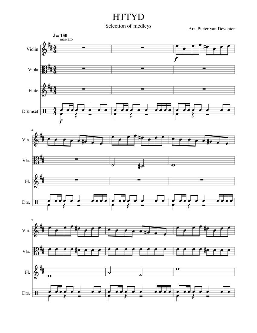 HTTYD Sheet Music for Flute, Violin, Viola, Drum group (Mixed Quartet ...