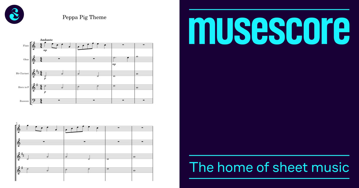 Peppa Pig Theme Sheet Music for Flute, Oboe, Bassoon, French horn ...