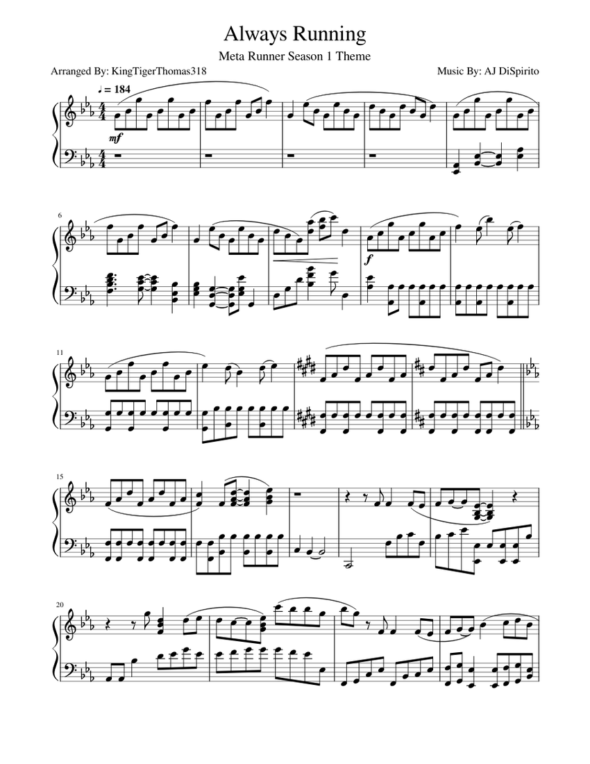 Meta Runner Season 1 Theme Always Running Sheet Music for Piano (Solo ...