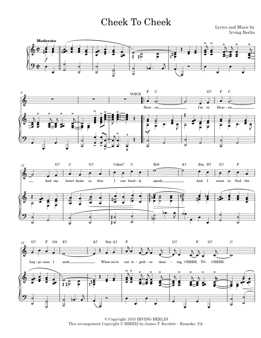 Cheek To Cheek Sheet Music with Chords for Piano, Clarinet in b-flat ...