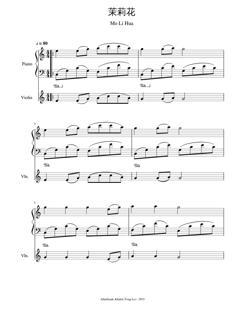 Mo Li Hua-茉莉花 Sheet music for Piano, Violin (Solo) | Musescore.com