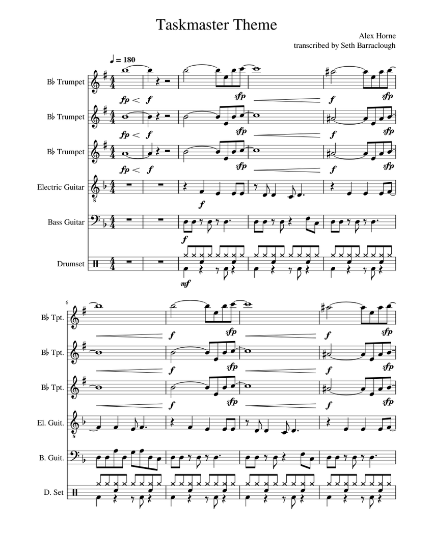 Taskmaster Theme Sheet Music for Trumpet in b-flat, Guitar, Bass guitar ...