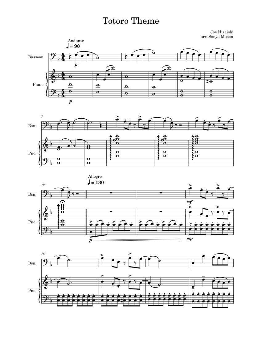 Totoro Theme for Bassoon and Piano - Joe Hisaishi Sheet Music for Piano ...