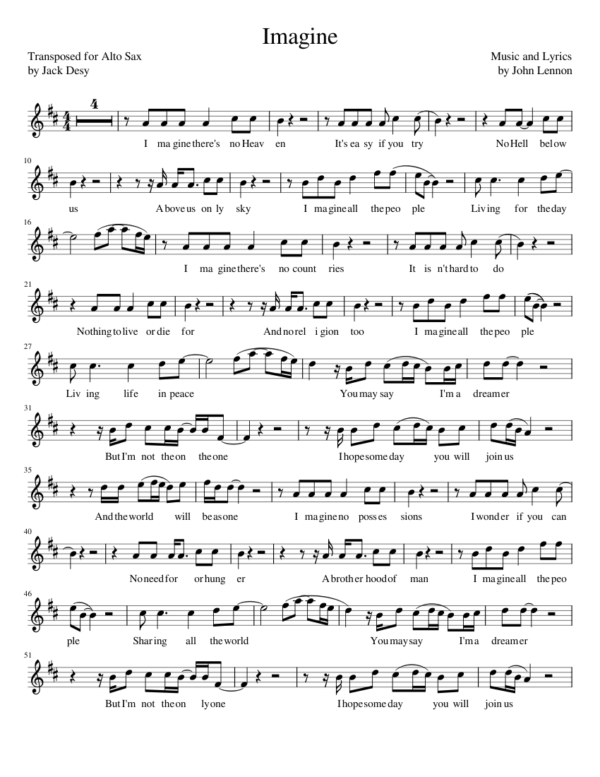 Imagine – John Lennon (Tenor saxophone) Sheet music for Piano (Solo ...
