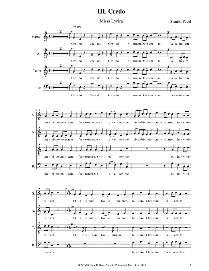 Missa Lyrica - 3 Credo - Staněk Pavel Sheet music for Soprano, Alto ...