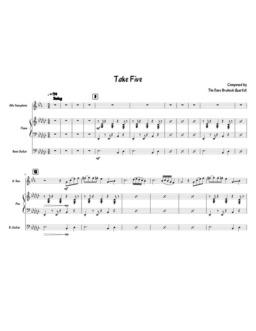 Take Five - The Dave Brubeck Quartet Sheet Music for Piano, Saxophone ...