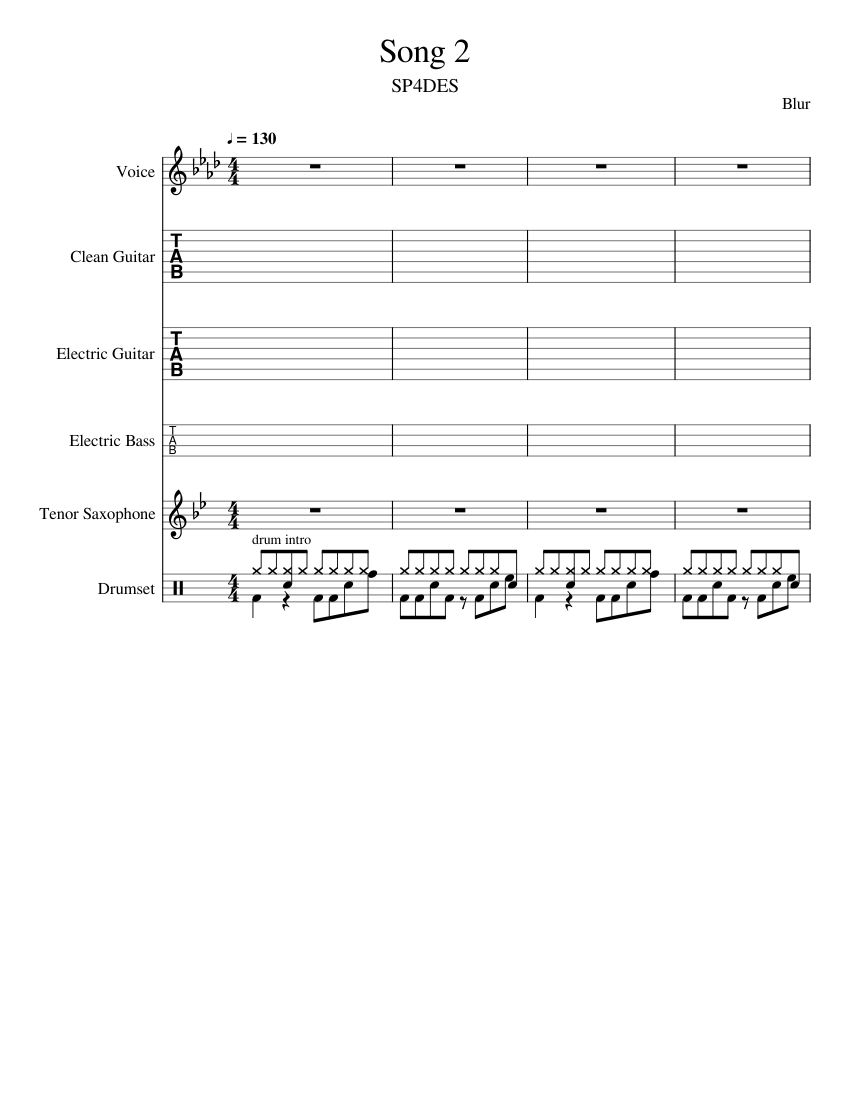 Song 2 Sheet Music for Vocals, Saxophone tenor, Guitar, Bass guitar ...