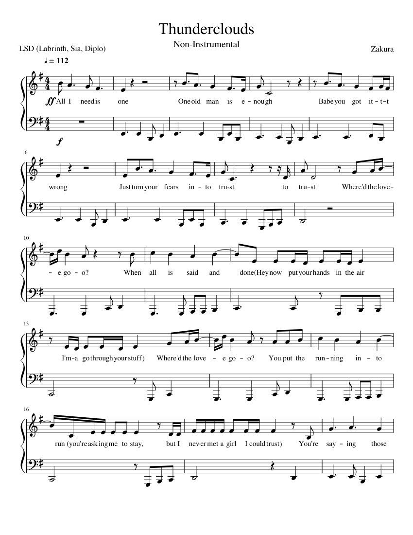LSD - Thunderclouds (Non-Instrumental) Sheet Music for Piano (Solo ...