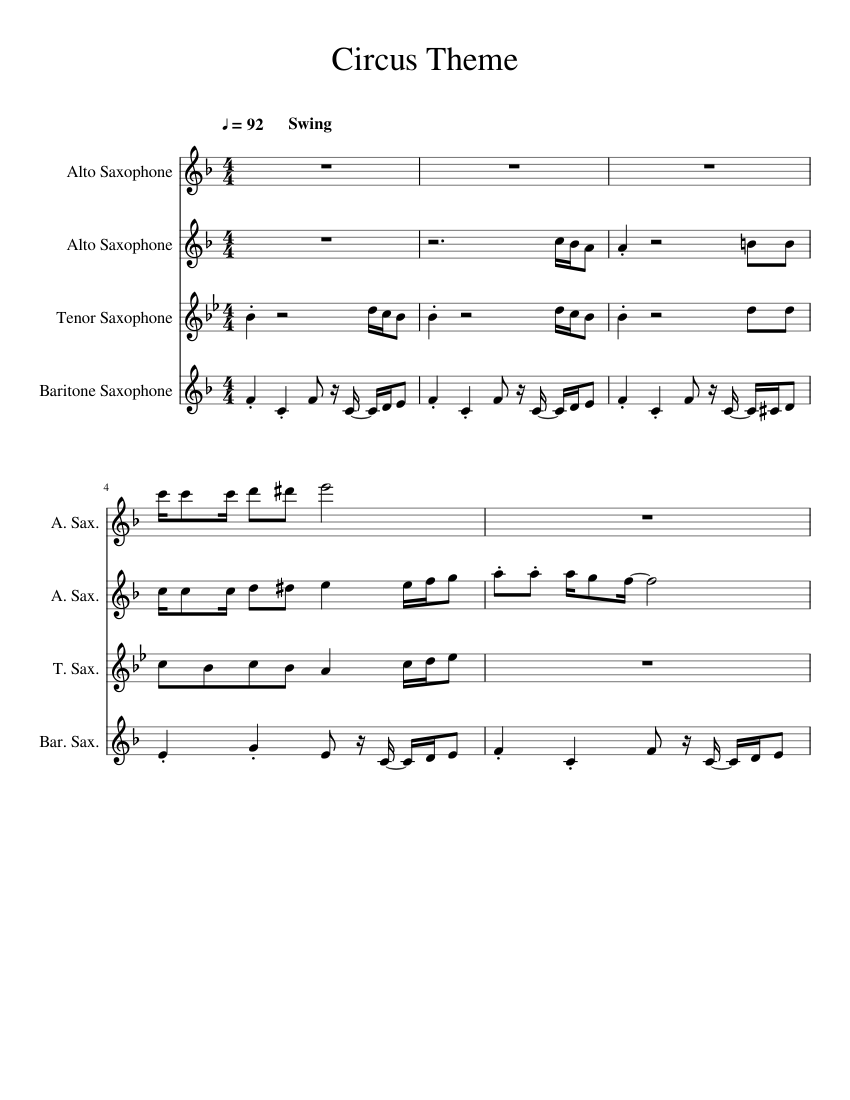 Circus Theme Sheet Music for Saxophone alto, Saxophone tenor, Saxophone ...