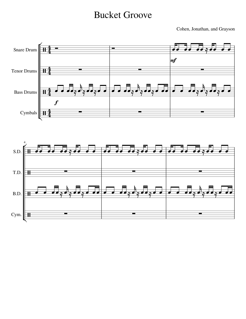Bucket_Groove2 Sheet music for Snare drum, Crash, Tenor drum, Bass drum ...
