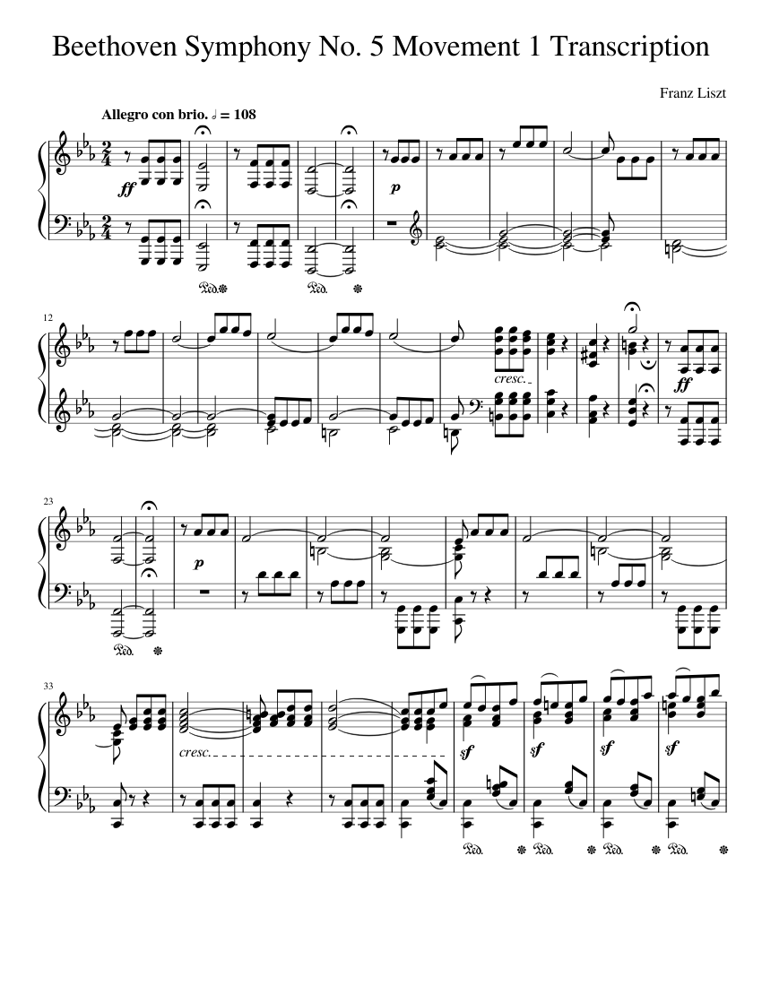 Beethoven Symphony No. 5 Movement 1 Transcription By Liszt Sheet Music ...