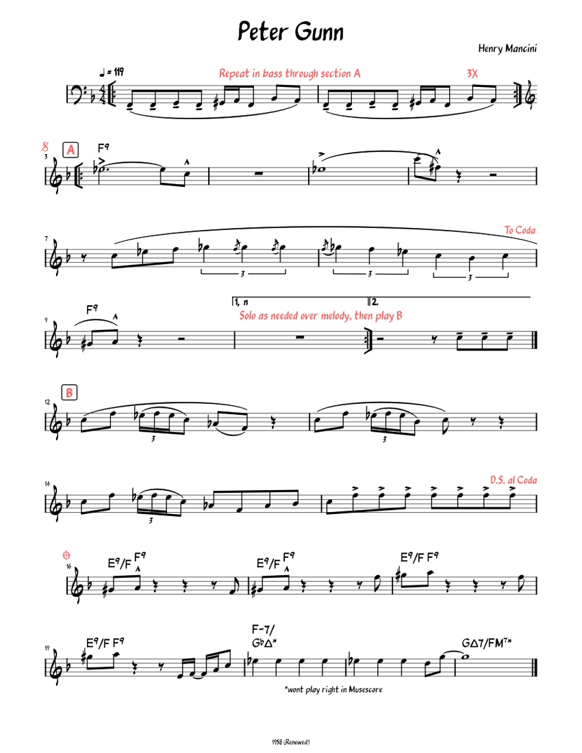 Peter Gunn (Lead sheet ) Sheet Music with Chords for Piano (Solo ...