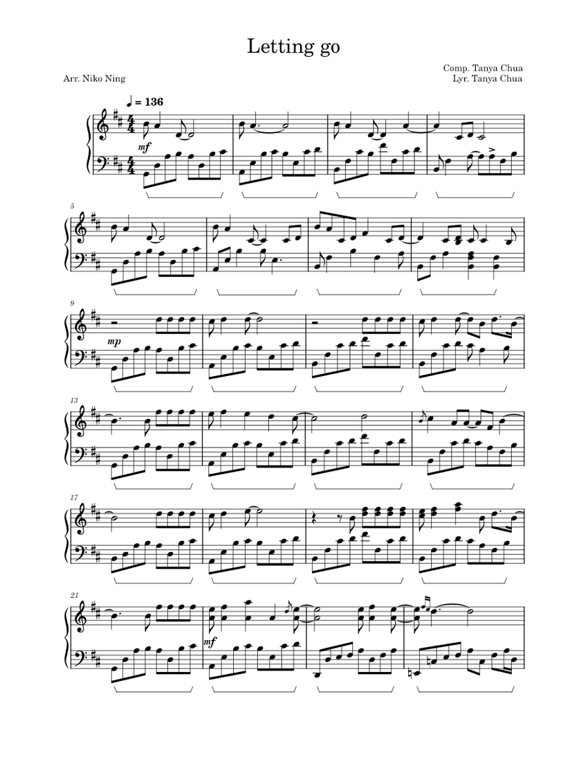 Letting Go – Tanya Chua Sheet music for Piano (Solo) | Musescore.com