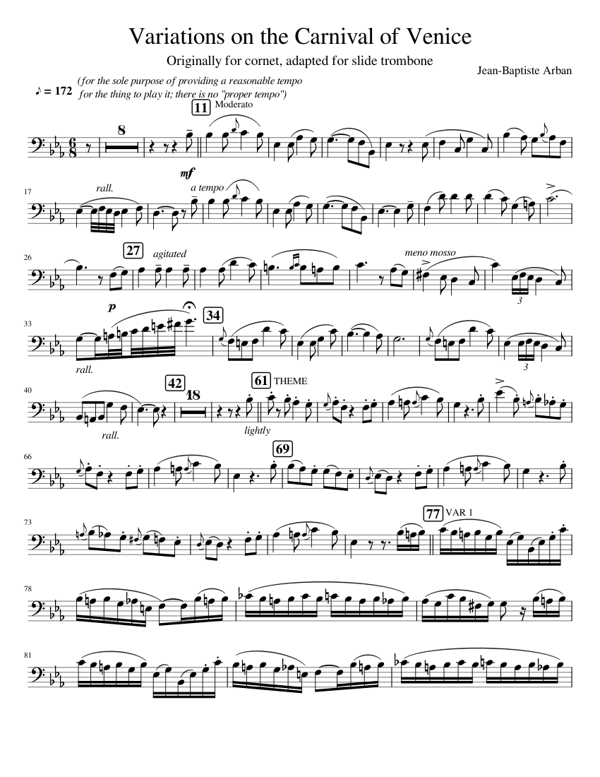Variations on the Carnival of Venice Sheet Music for Euphonium (Solo ...