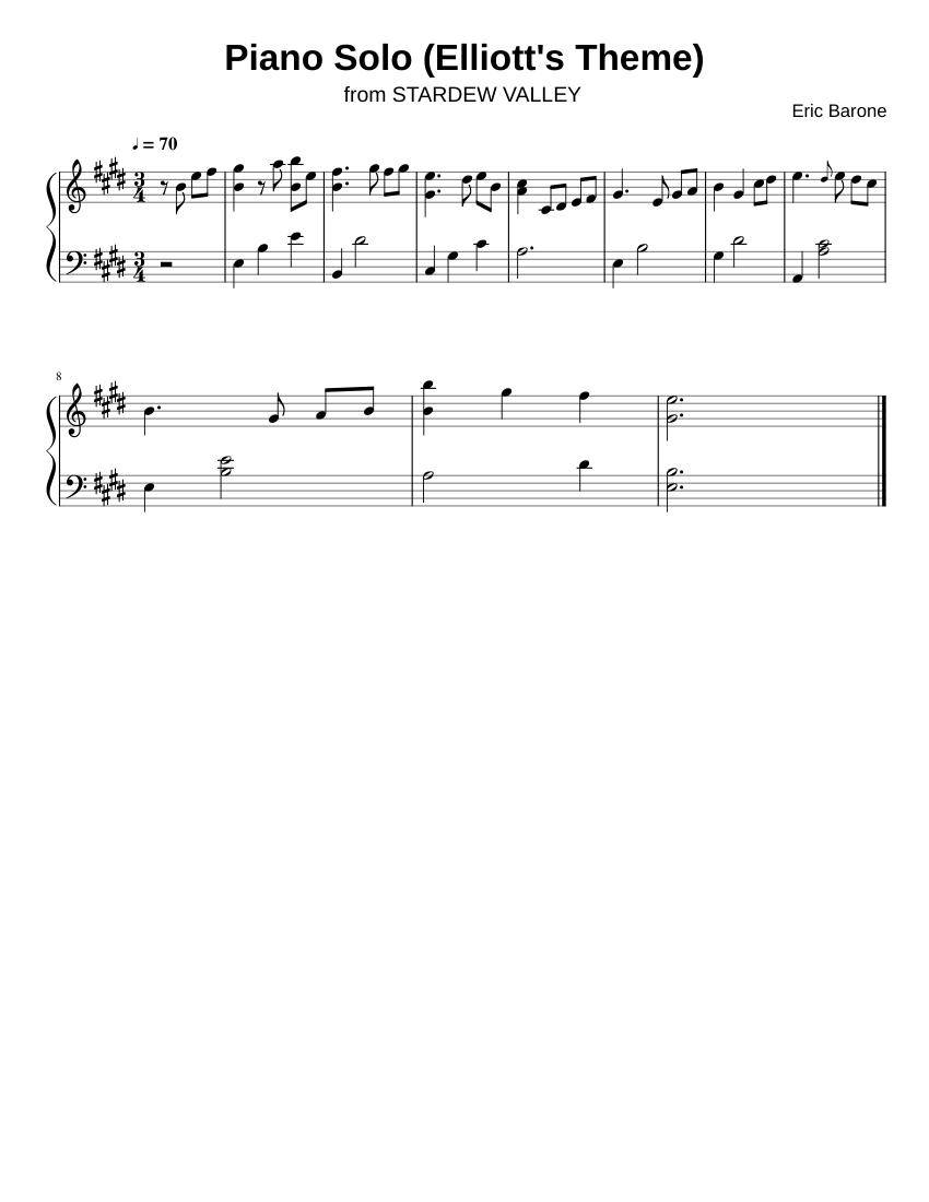 Piano Solo (Elliott's Theme) Sheet Music for Piano (Solo) easy ...