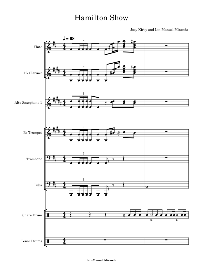 Hamilton_Show Sheet Music for Trombone, Tuba, Flute, Clarinet in b-flat ...