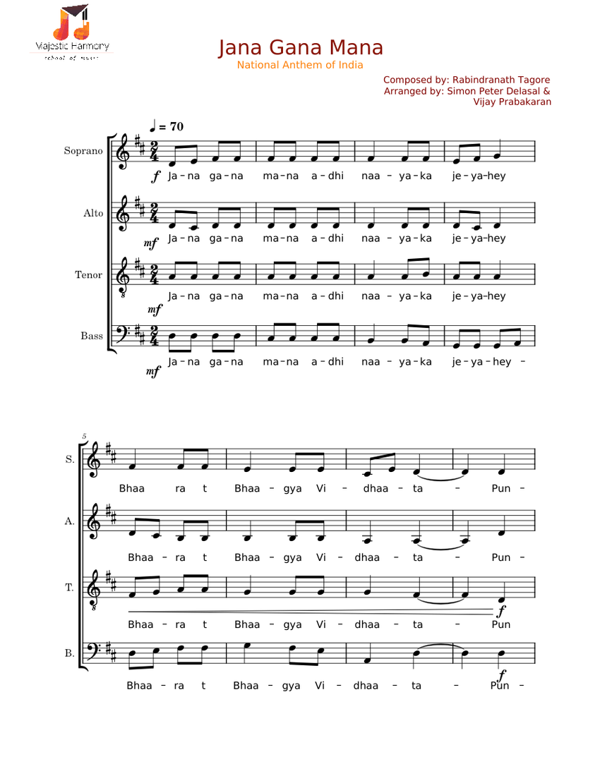 Jana Gana Mana – Rabindranath Tagore Jana Gana Mana SATB arrangement – Rabindranath Tagore Sheet ...