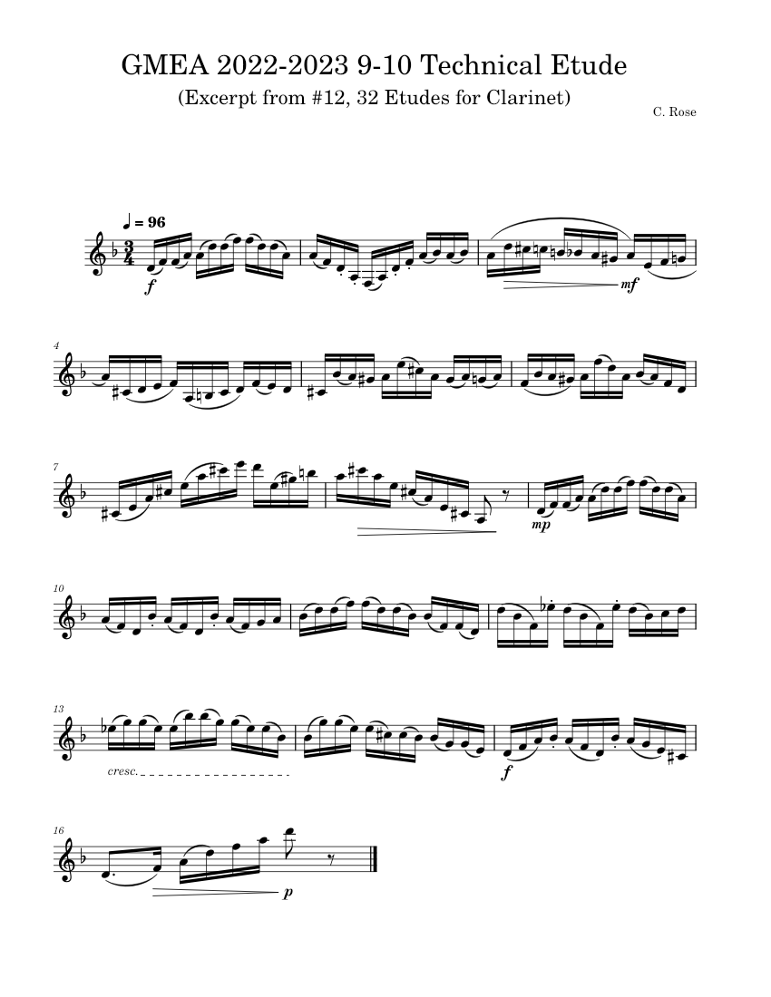 GMEA 2022-2023 9-10 Technical Etude Sheet Music for Clarinet in b-flat ...