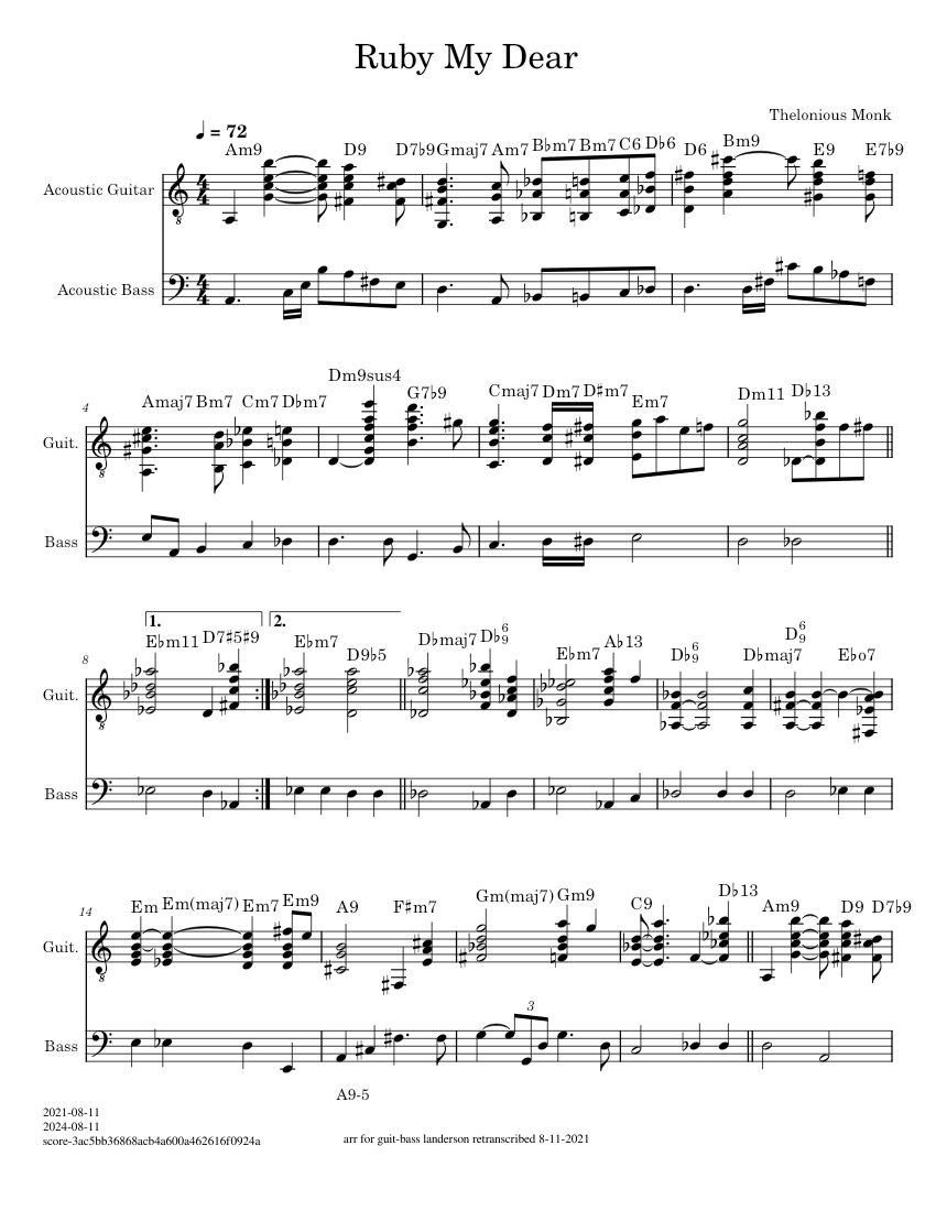 Ruby my dear – Thelonious Monk Sheet music for Guitar, Bass guitar ...