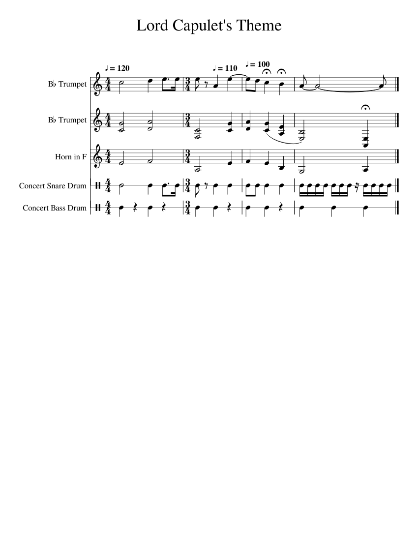 Capulets_theme Sheet music for Trumpet in b-flat, French horn, Snare ...