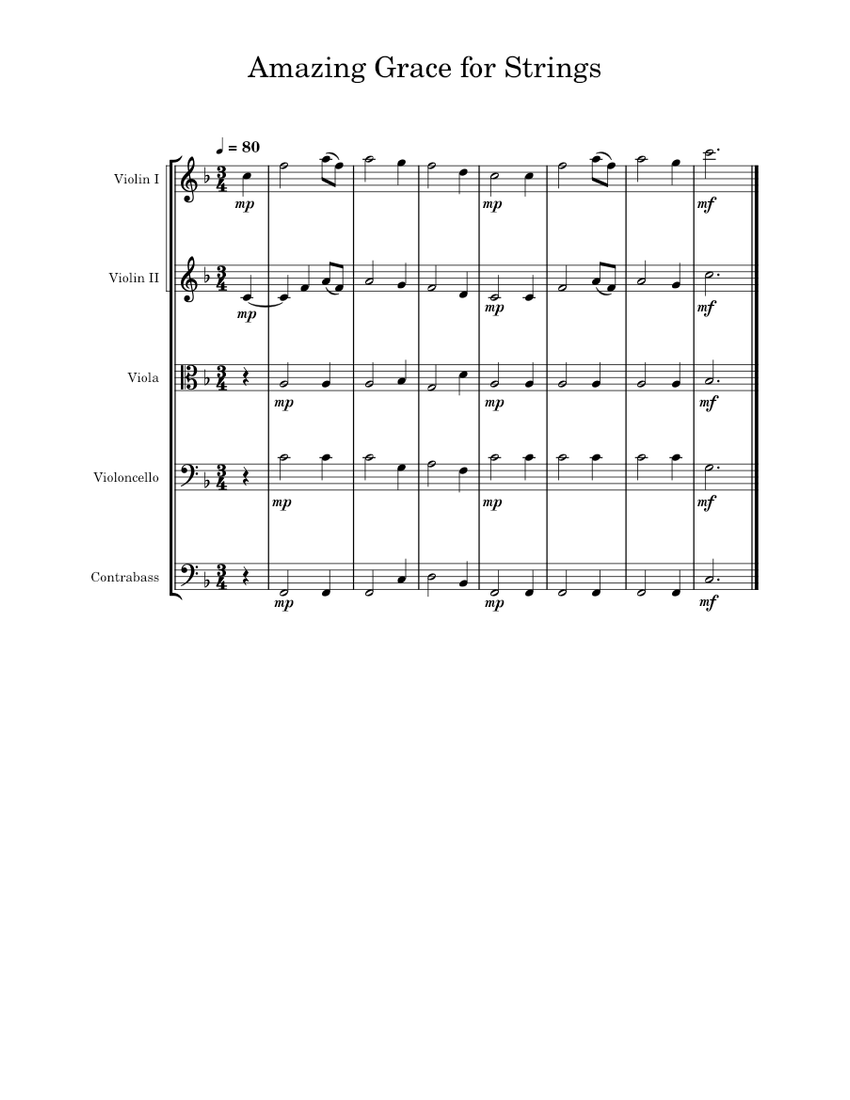 Amazing Grace for Strings Sheet music for Contrabass, Violin, Viola ...