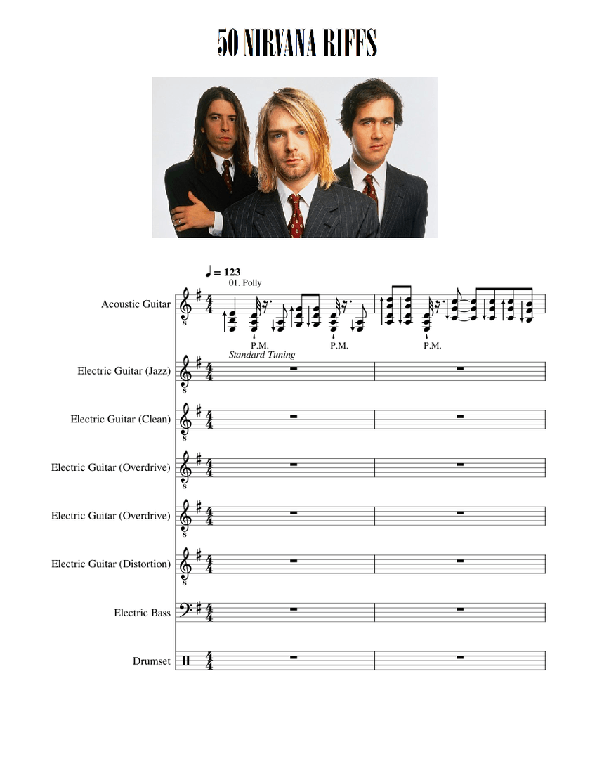 50 Nirvana RIFFS Sheet music for Guitar, Bass guitar, Drum group (Mixed Ensemble) | Musescore.com