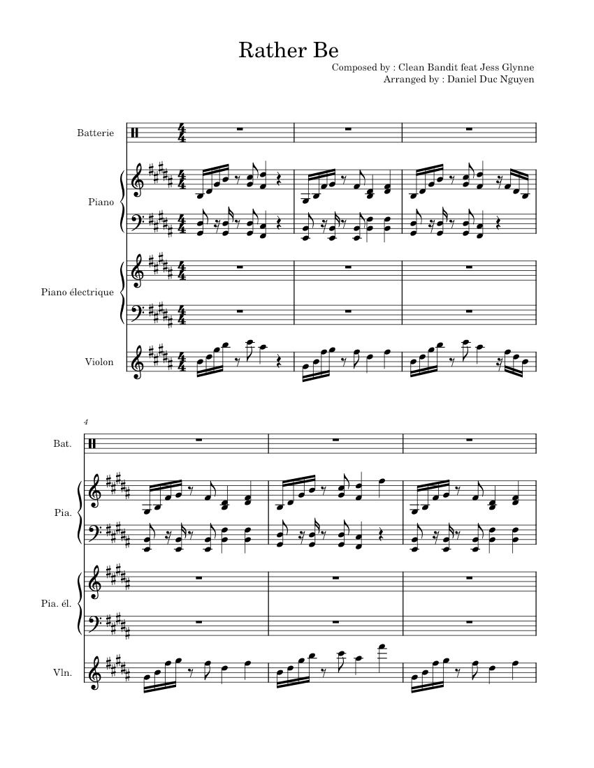 Rather Be by Clean Bandits Sheet Music for Piano, Violin, Drum group ...