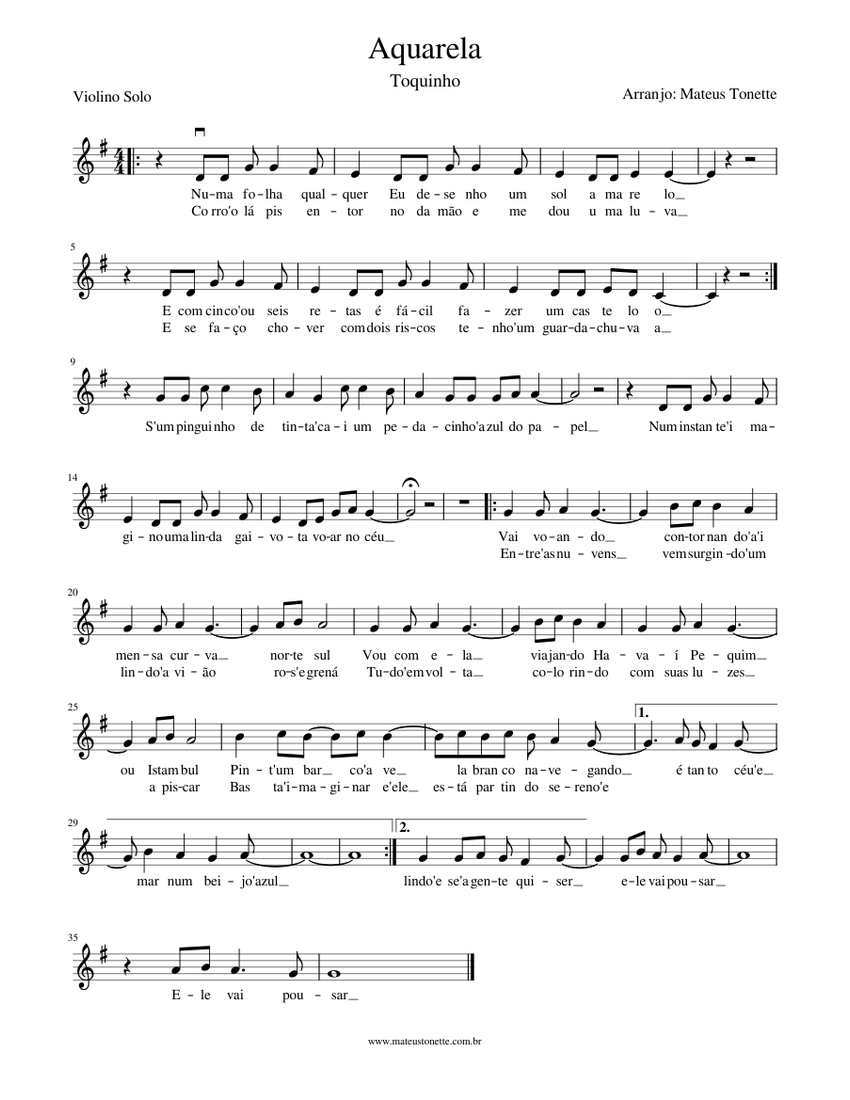 Aquarela - Toquinho Violino - Mateus Tonette Sheet music for Violin ...