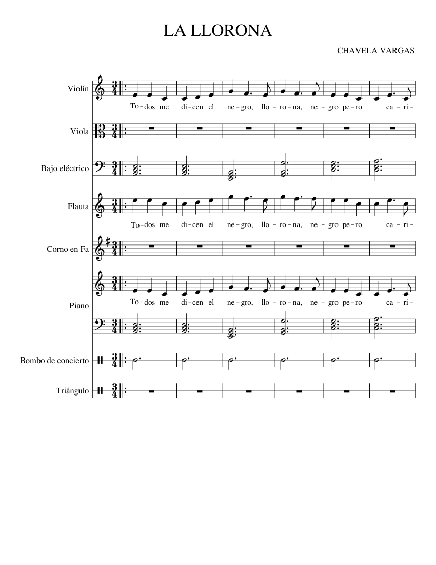 LA LLORONA Sheet Music for Piano, Flute, French horn, Violin & more ...