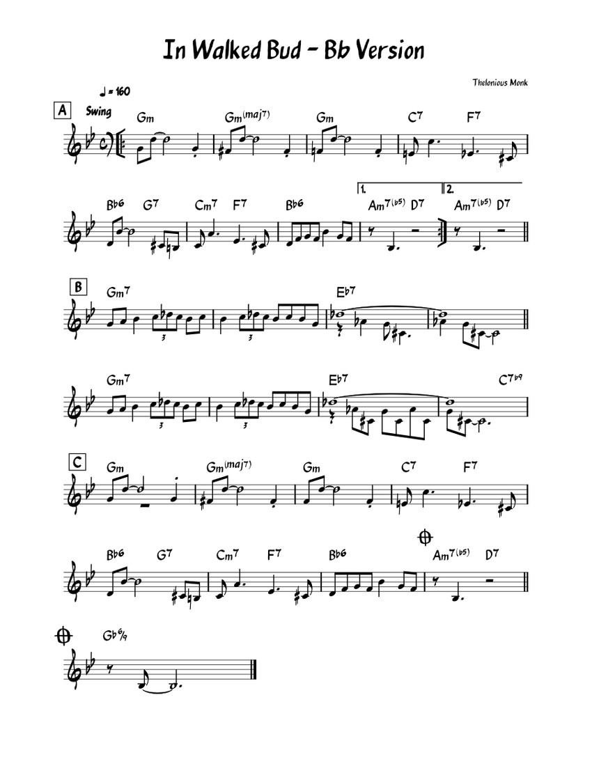 In Walked Bud – Thelonious Monk Sheet Music with Chords for Piano (Solo ...