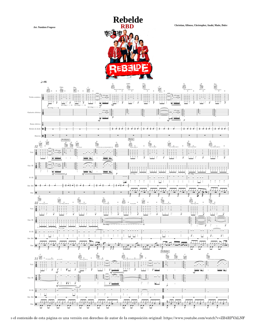 Rebelde/RBD Sheet Music and Tab with Chords for Guitar, Bass guitar ...
