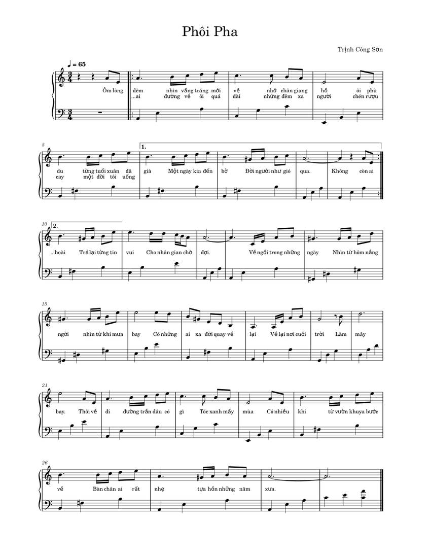 Phôi Pha - Trịnh Công Sơn Sheet Music for Piano (Piano Duo) easy ...