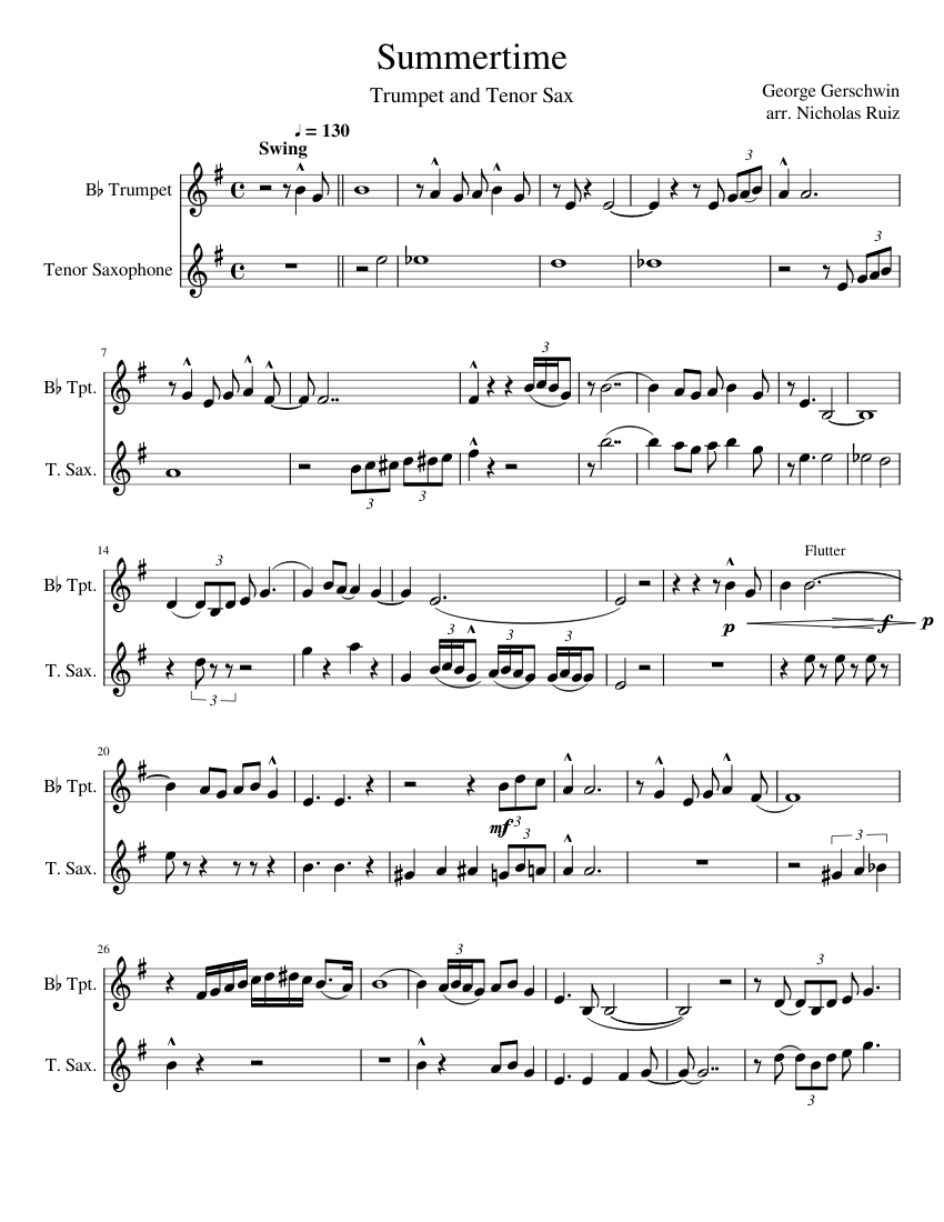 Summertime Sheet Music for Saxophone tenor, Trumpet in b-flat (Mixed ...