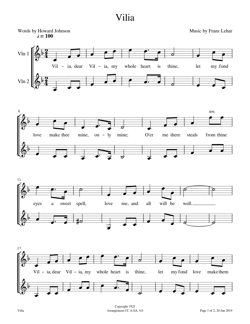 Vilia Sheet music for Violin (String Duet) | Musescore.com