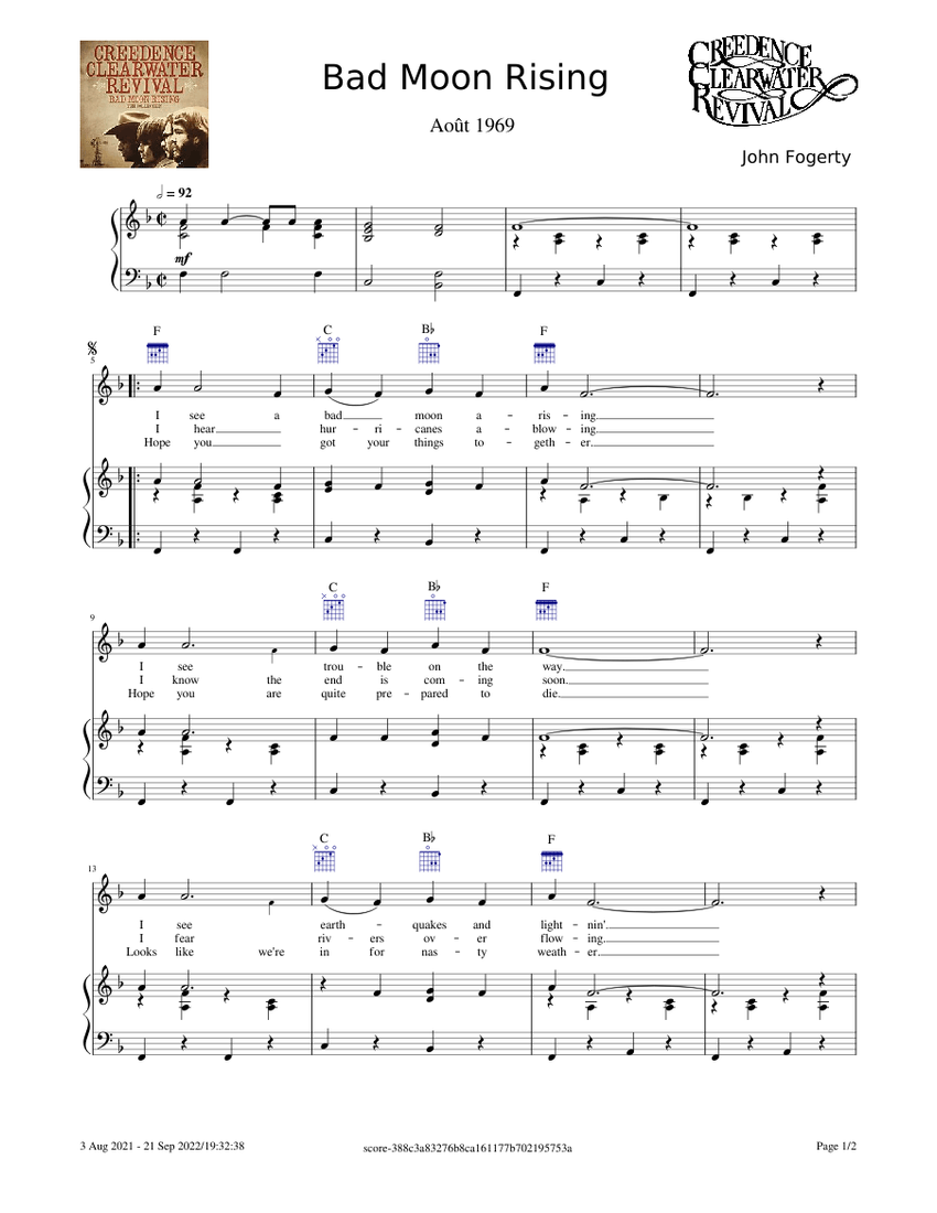 Bad Moon Rising (piano) – Creedence Clearwater Revival Sheet Music with ...