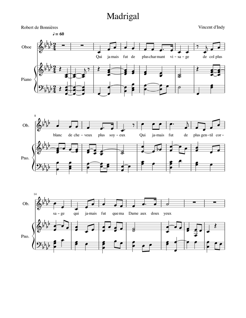 Vincent d'Indy Madrigal Sheet Music for Piano, Oboe (Solo) | MuseScore.com