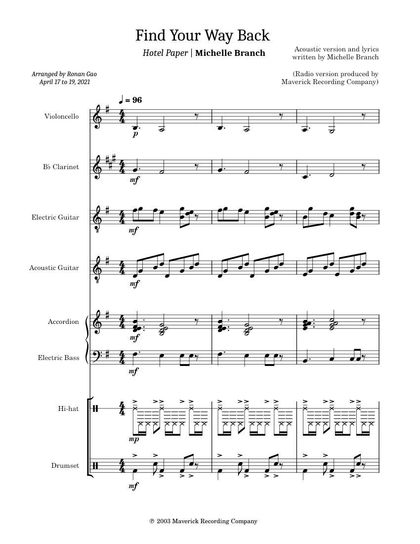 Find Your Way Back (Instrumental) – Michelle Branch Sheet music for ...