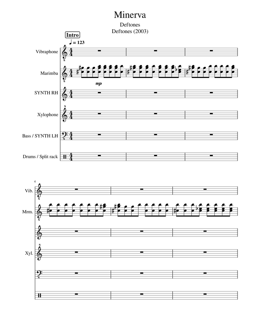 Minerva – Deftones Sheet Music for Vibraphone, Bass guitar, Drum group ...